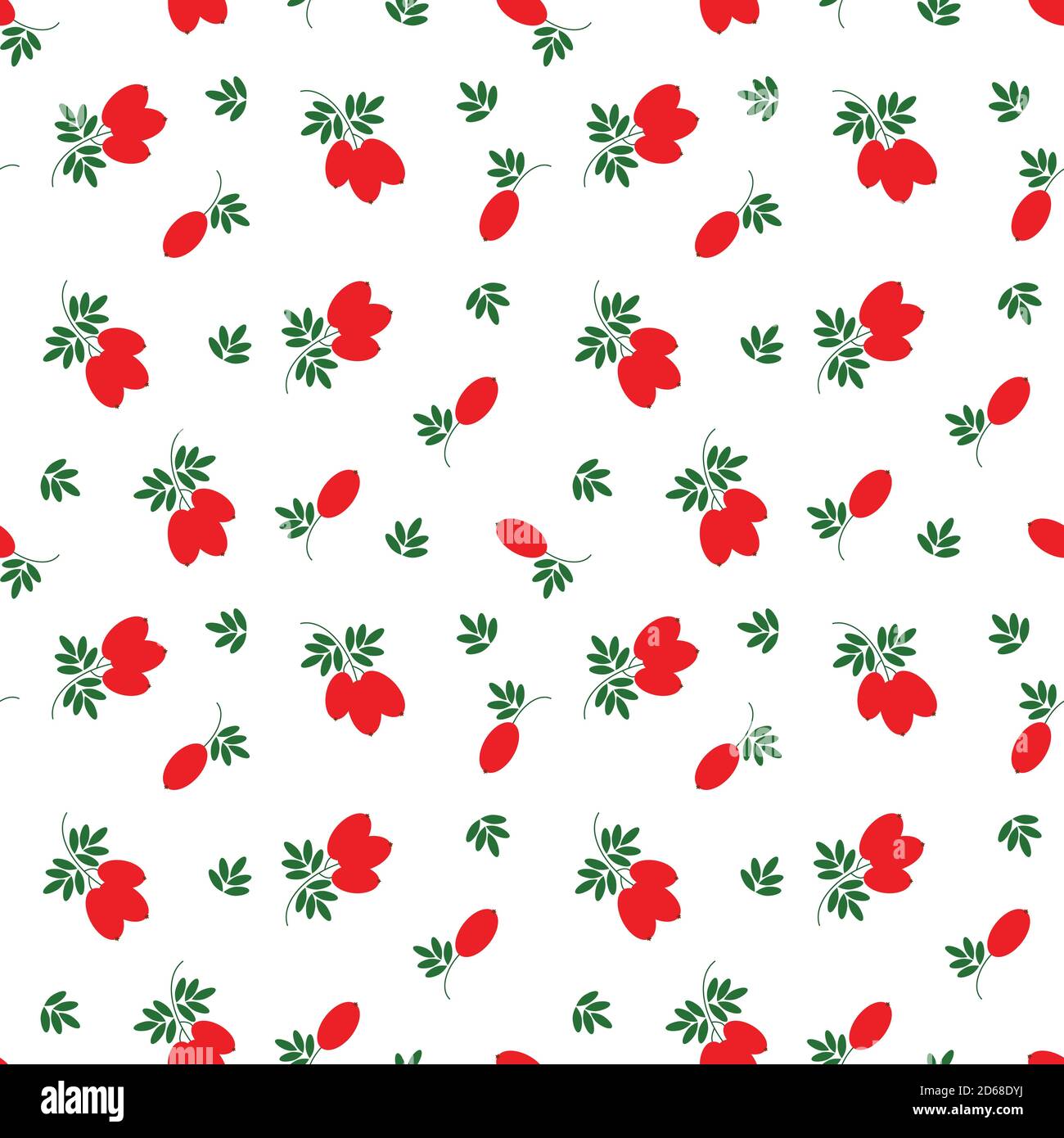 Repeat pattern of fancy red berries and green leaves on the white ...