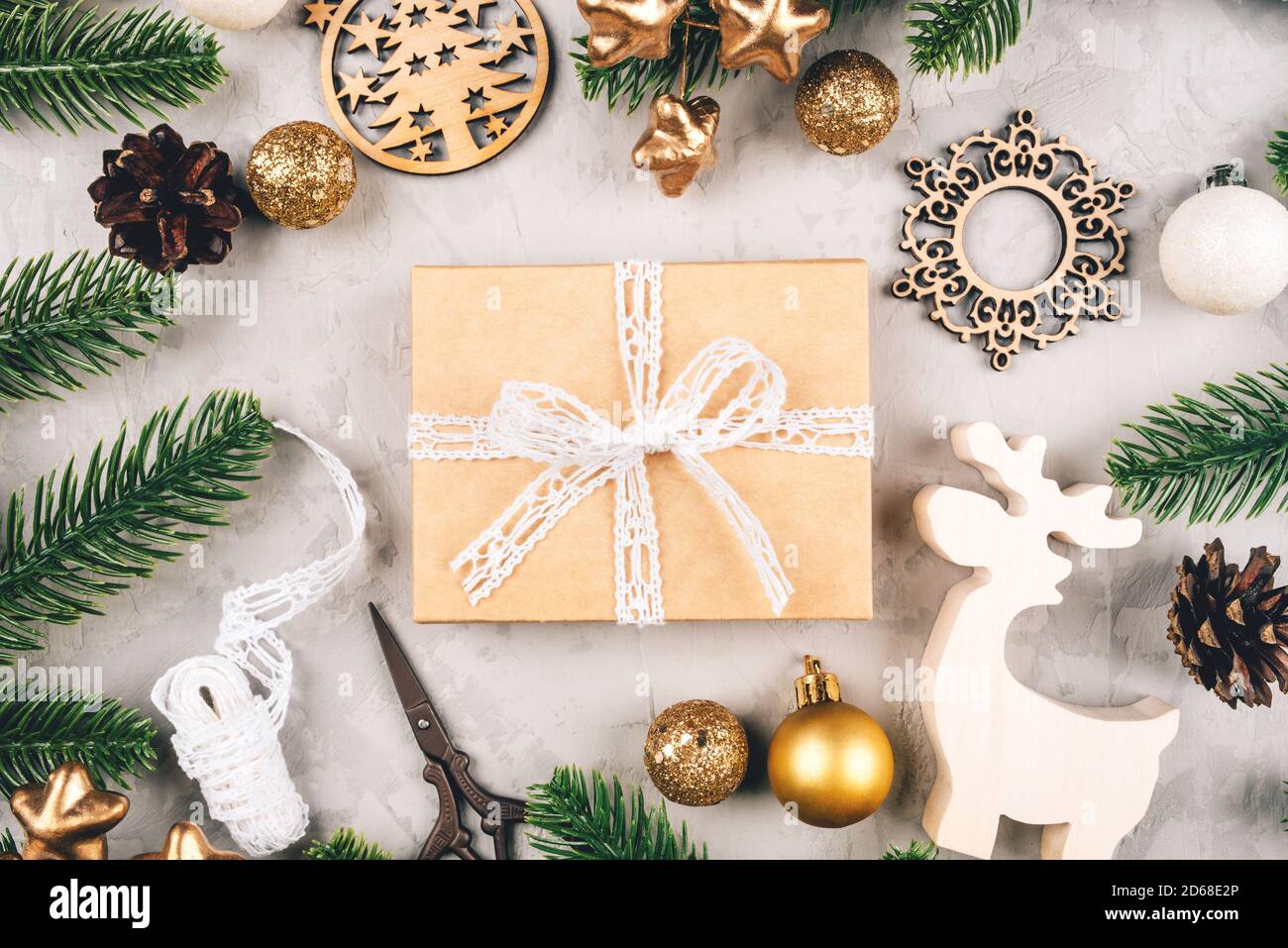 Christmas composition of fir tree branches and decorations Stock Photo ...