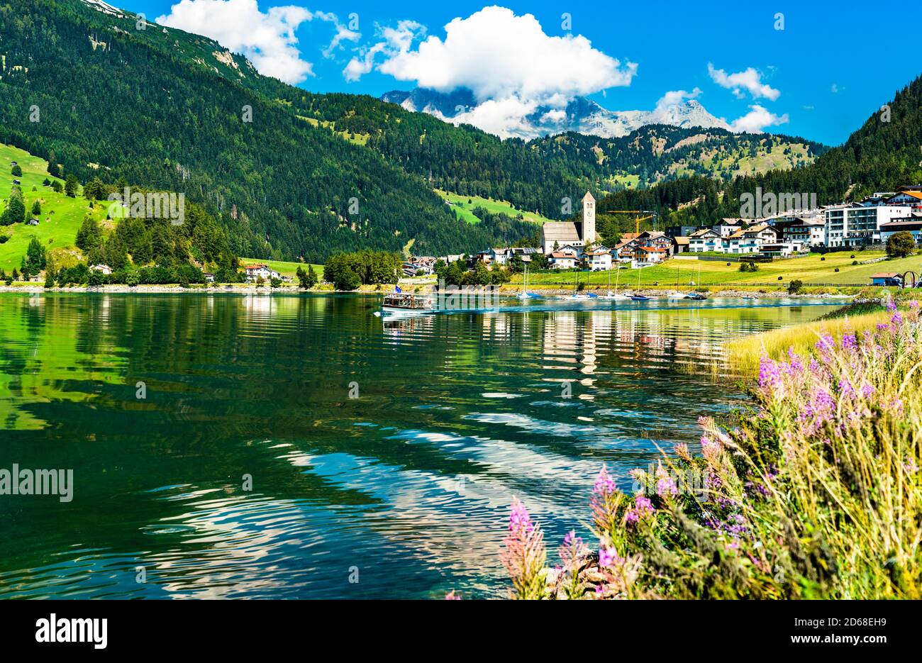 Reschen am See or Resia, a village on Lake Reschen in South Tyrol ...