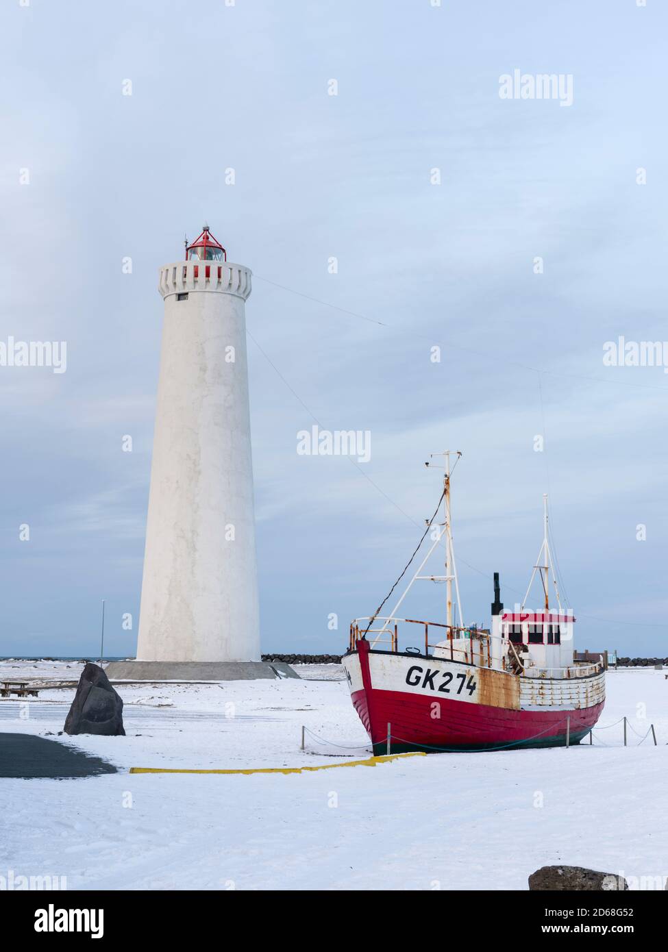 Cape Gardskagi with lighthouse and local museum during winter on the ...