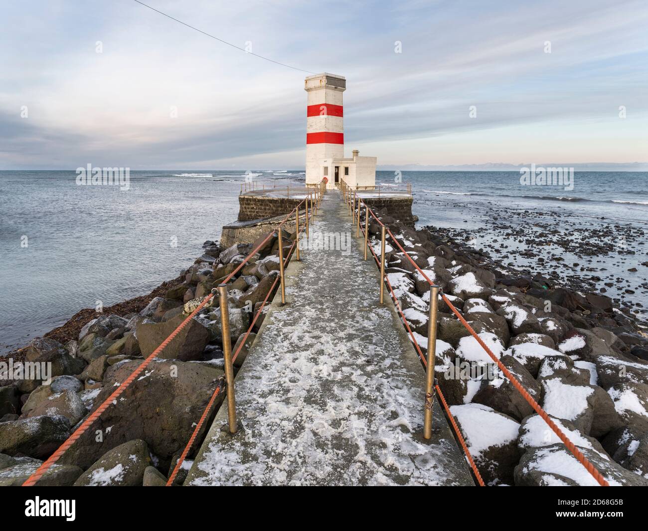 Cape Gardskagi with lighthouse during winter on the Reykjanes peninsula ...