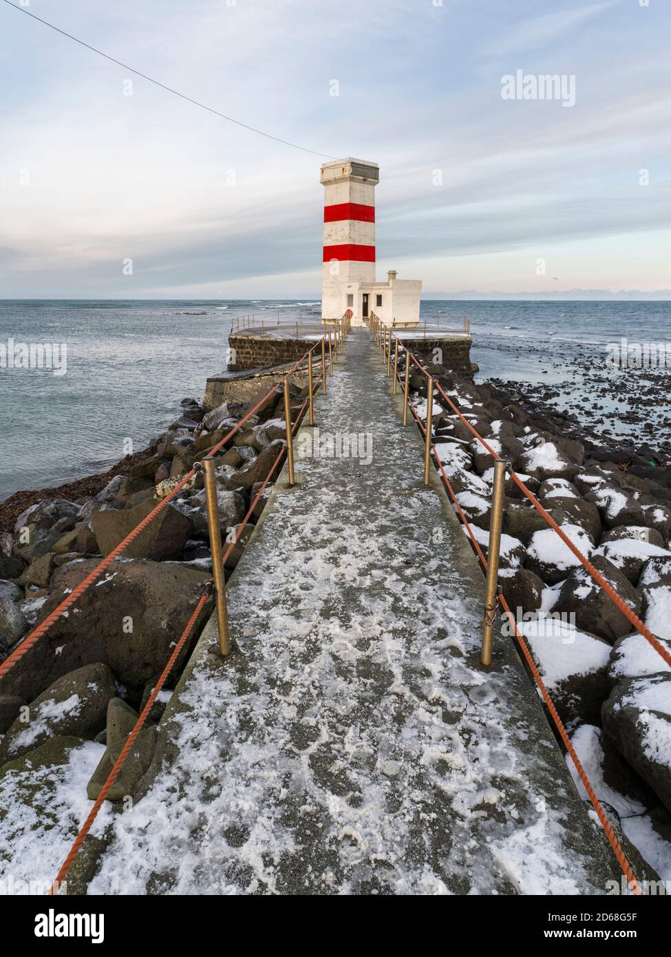 Cape Gardskagi with lighthouse during winter on the Reykjanes peninsula ...