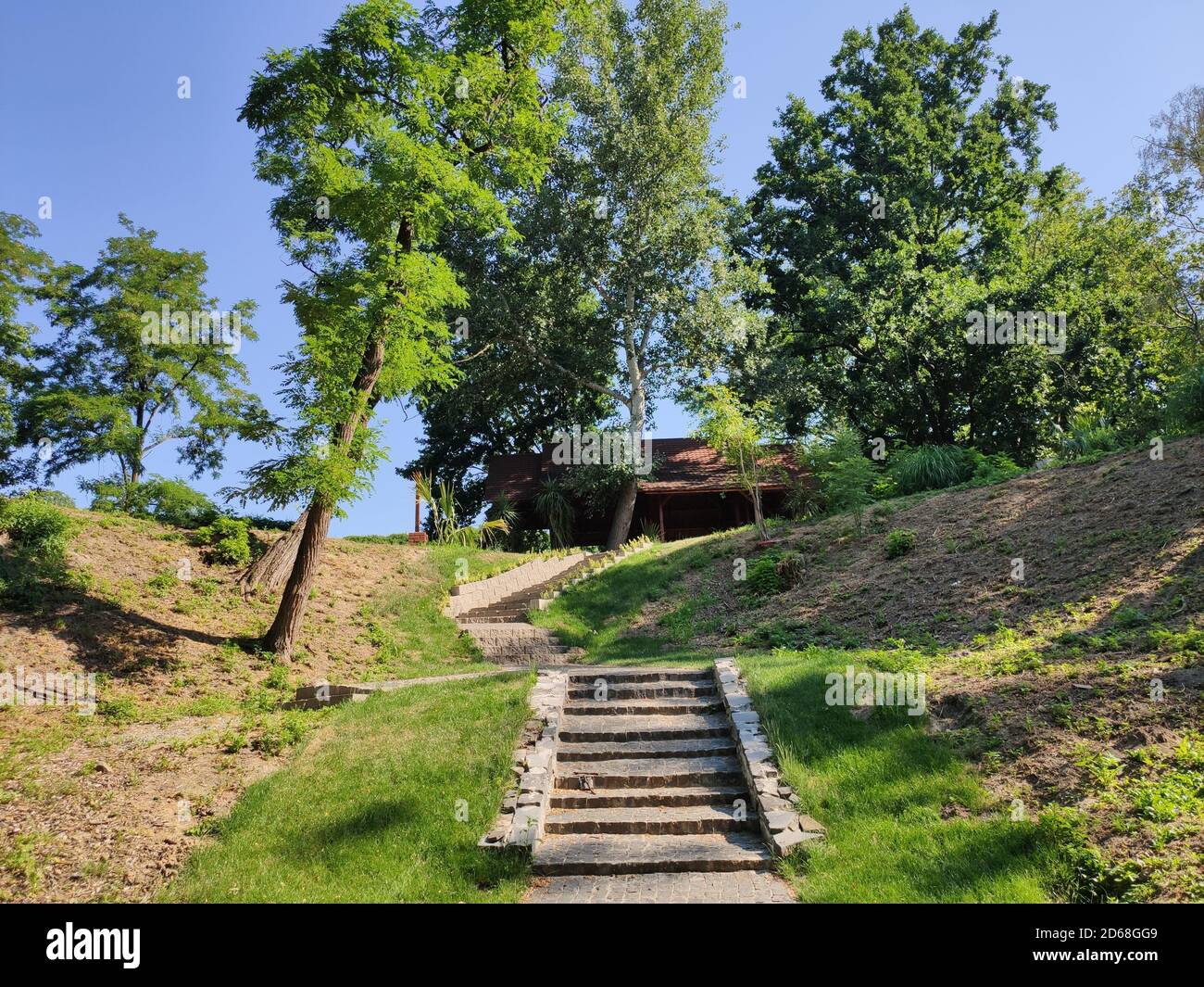 landscape design in park with stairs in summer Stock Photo - Alamy