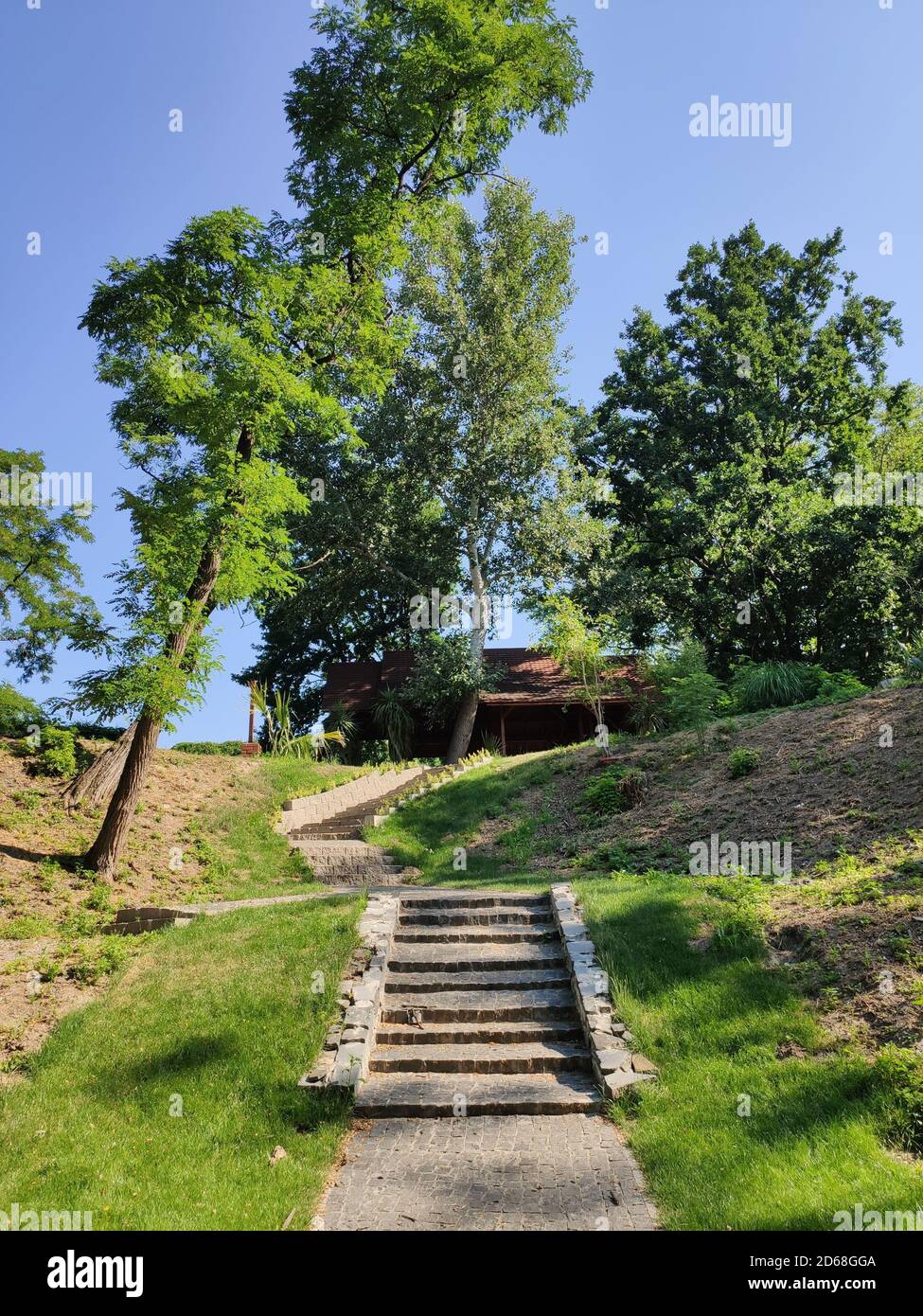 landscape design in park with stairs in summer Stock Photo - Alamy