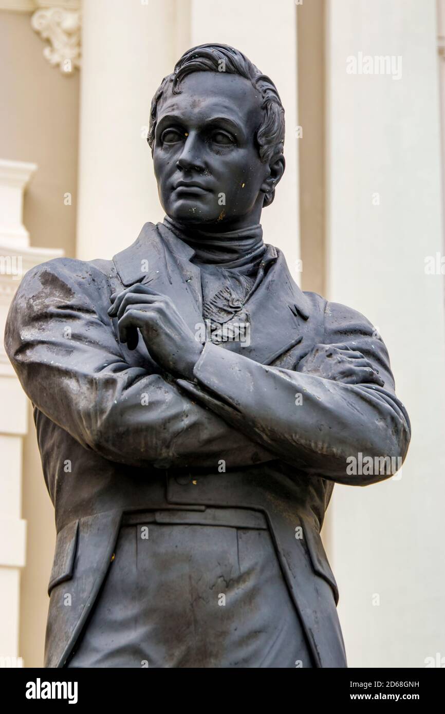 The Stamford Raffles statue in front of the Victoria Memorial Hall and Theatre, sculpted by ...