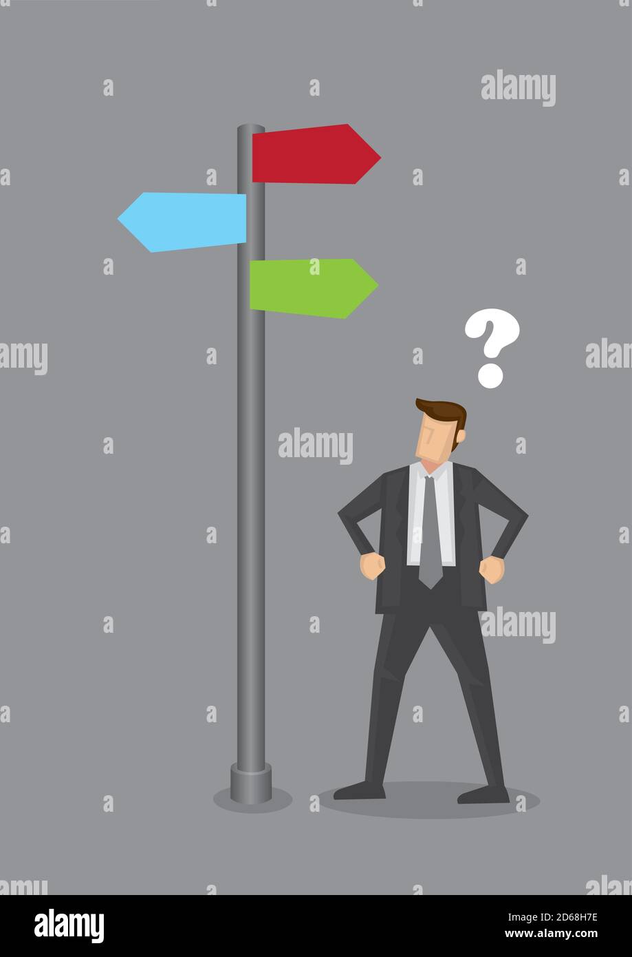 Lost businessman standing under direction sign with question mark above ...