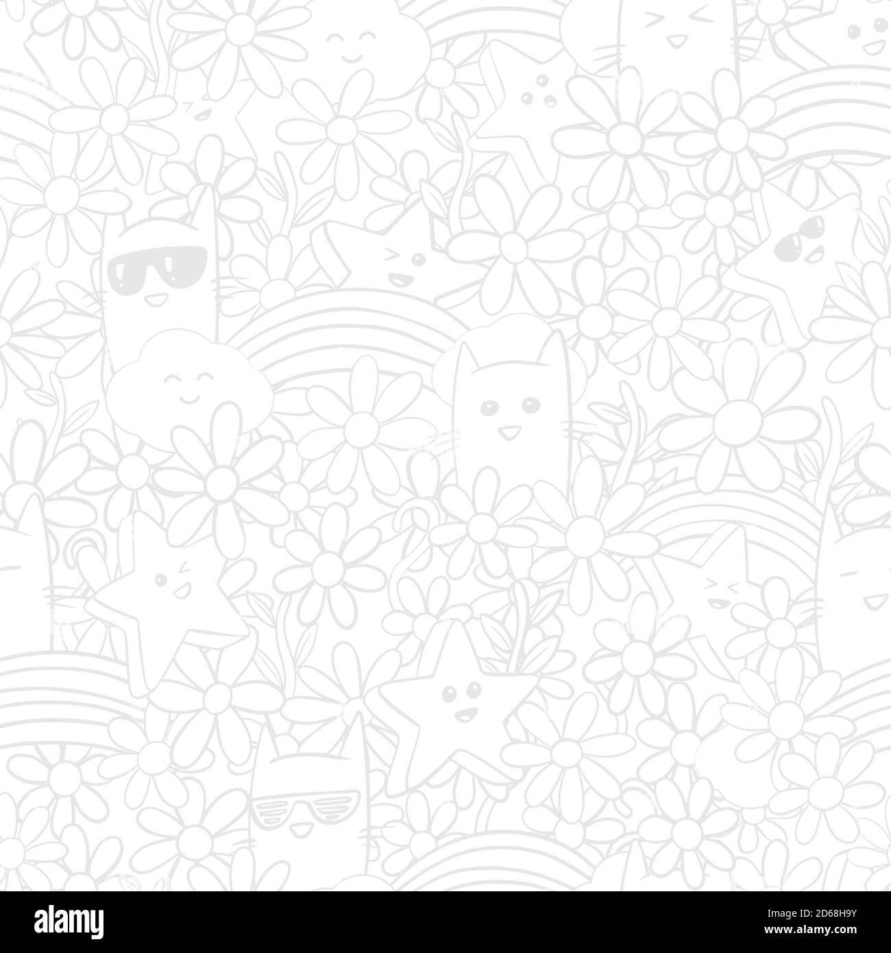 Cats, stars, and rainbows seamless pattern. Cute hand drawn doodle ...