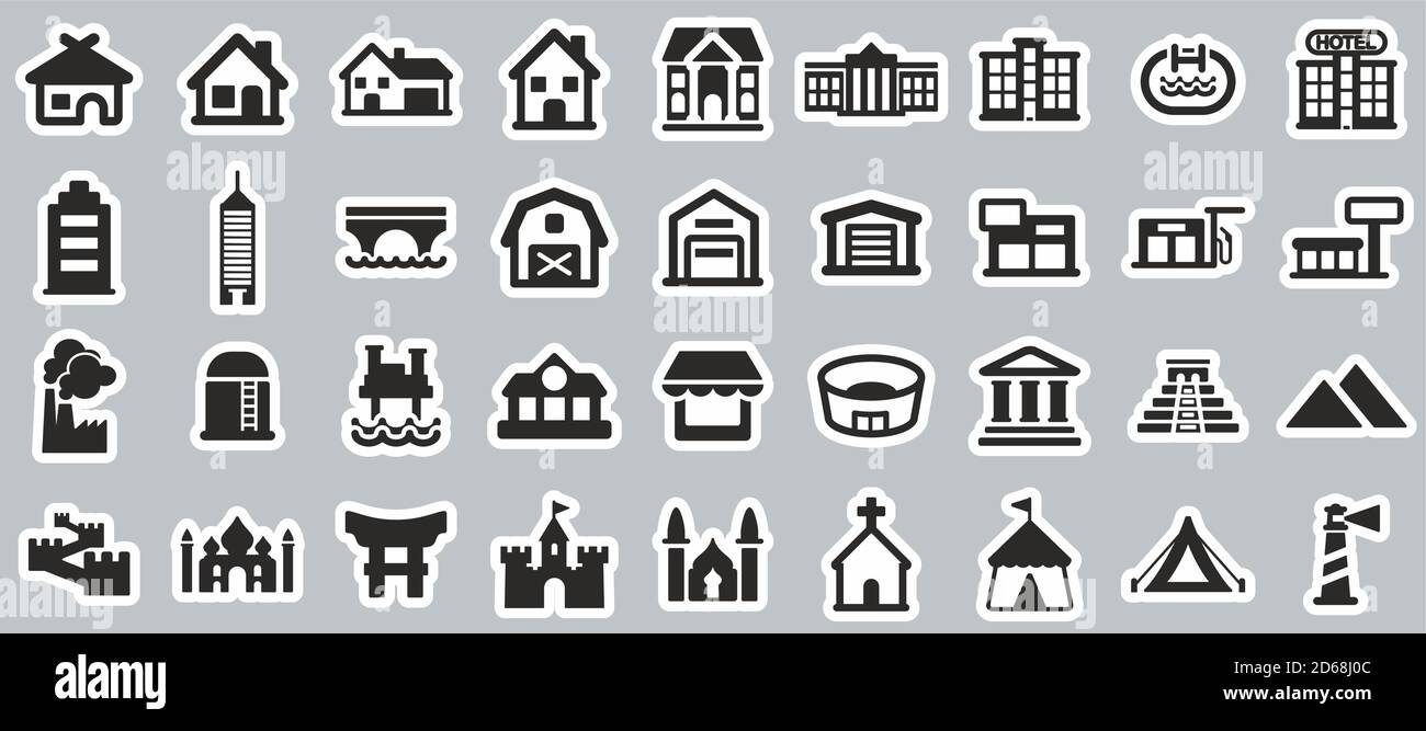 Commercial & Residential Buildings Icons Black & White Sticker Set big ...