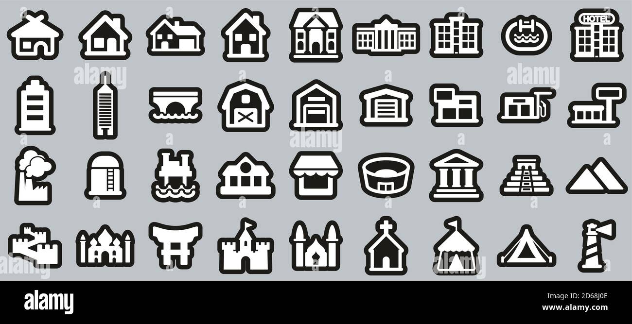 Commercial & Residential Buildings Icons White On Black Sticker Set big ...