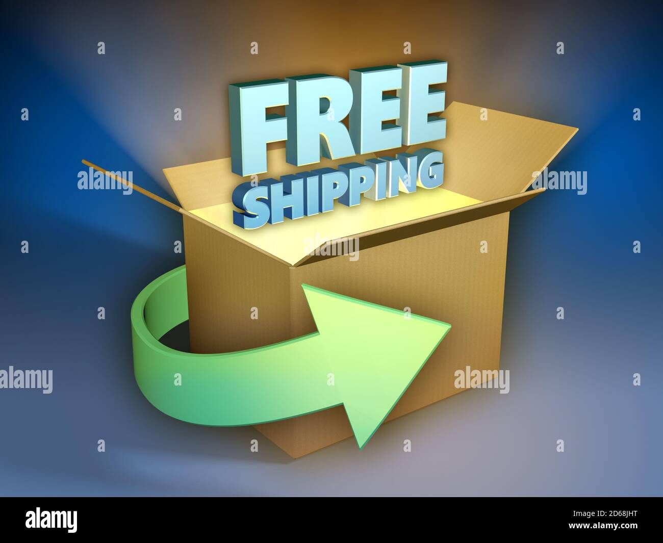 Free shipping 3d text coming out of a shipment box. 3D illustration ...