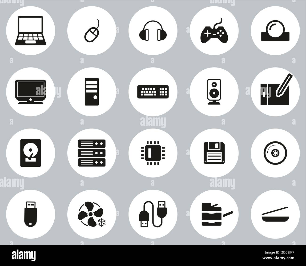 Computer Hardware Icons Black & White Flat Design Circle Set Big Stock ...
