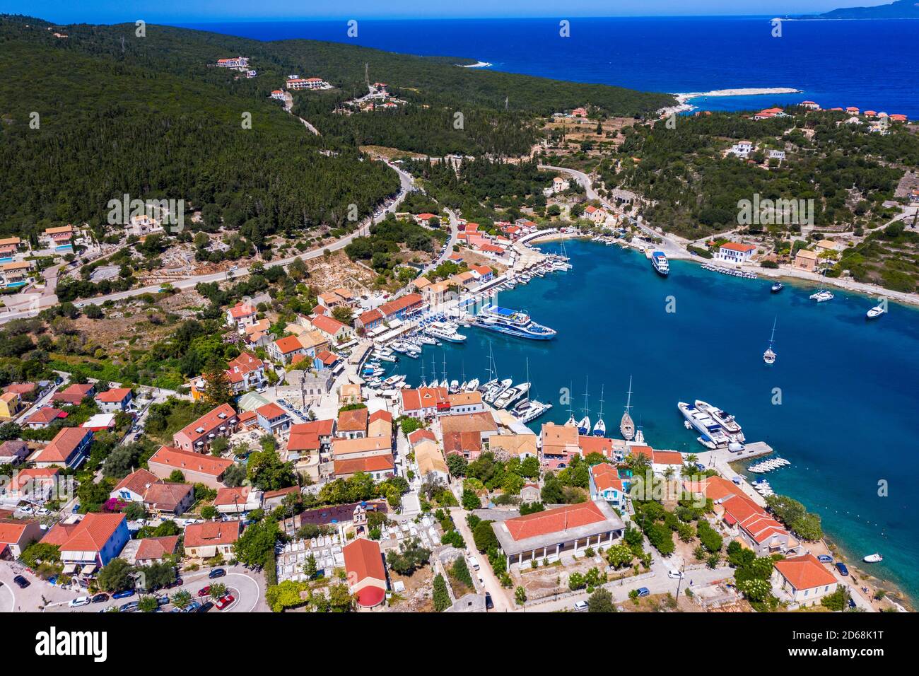 The beautiful port of Fiskardo, in Cephalonia, from above Stock Photo ...