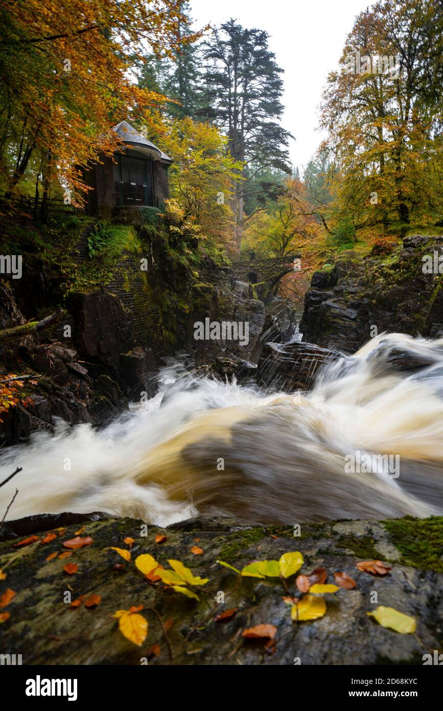 Autumn view of Ossian’s Hall overlooking cascade of Black Linn Falls on ...