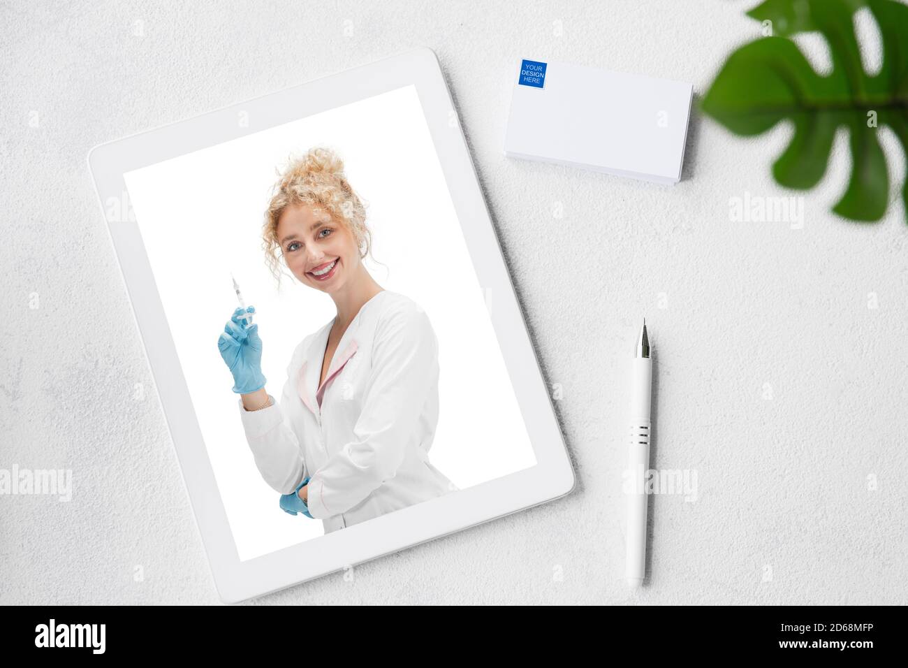 Cosmetologist with needle. Tablet with online, web promotion of spa ...