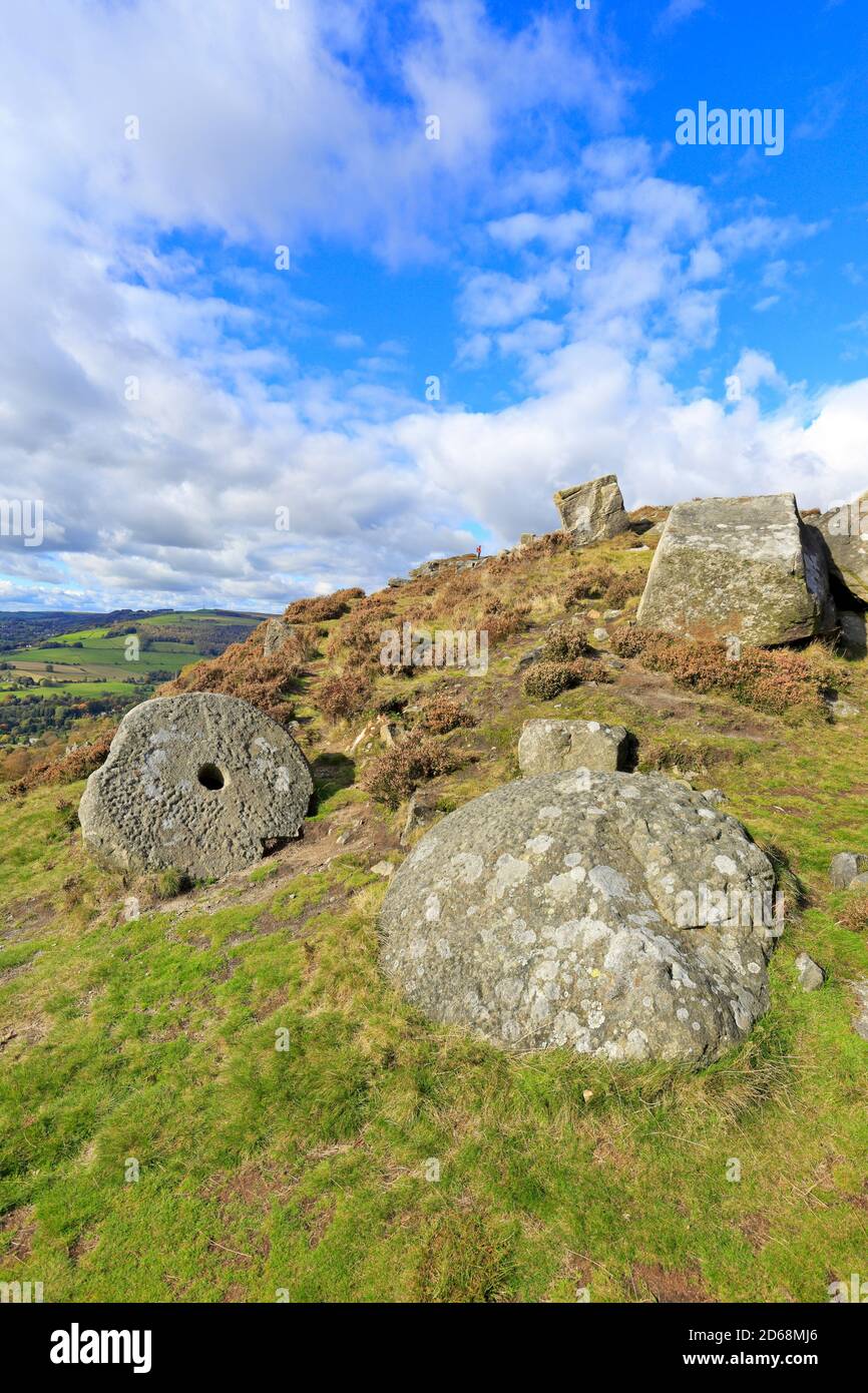 Millstone below Curbar Edge near Calver, Derbyshire, Peak District ...