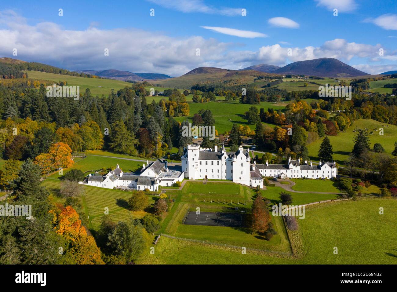 Aerial view of Blair Castle in Blair Atholl near Pitlochry, Perthshire ...