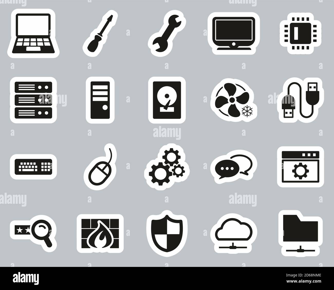 Computer Repair Or Computer Service Icons Black & White Sticker Set Big ...