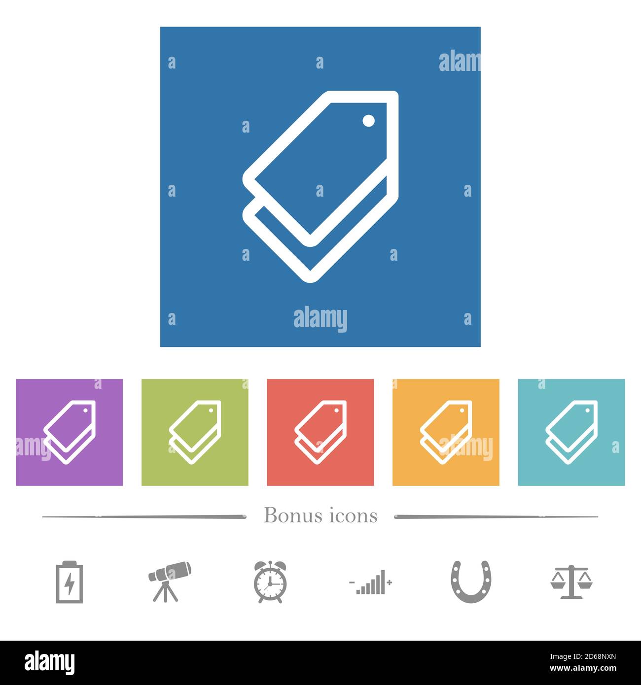 Multiple tags flat white icons in square backgrounds. 6 bonus icons ...