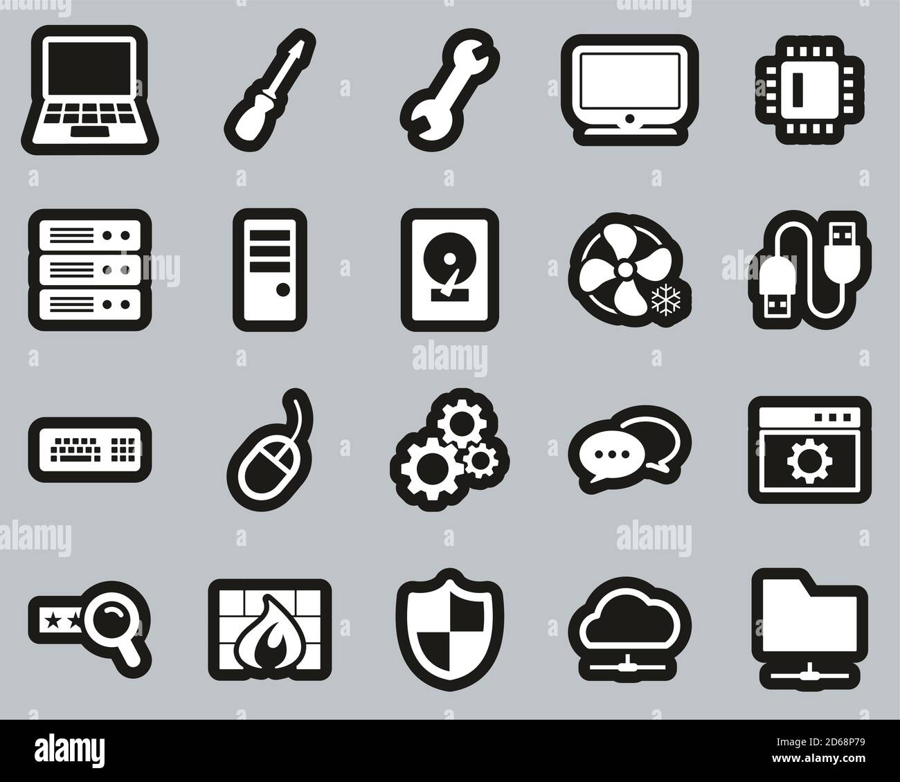 Computer Repair Or Computer Service Icons White On Black Sticker Set ...