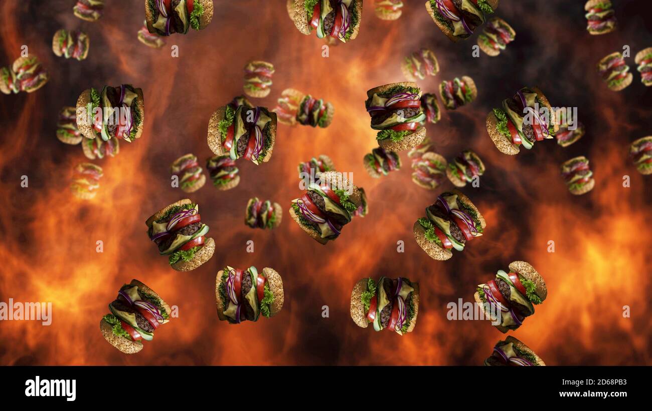 Hamburgers falling with smoke and burning fire in background. Fast food ...