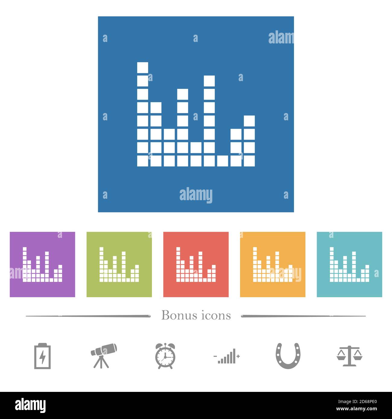 Sound bars flat white icons in square backgrounds. 6 bonus icons ...