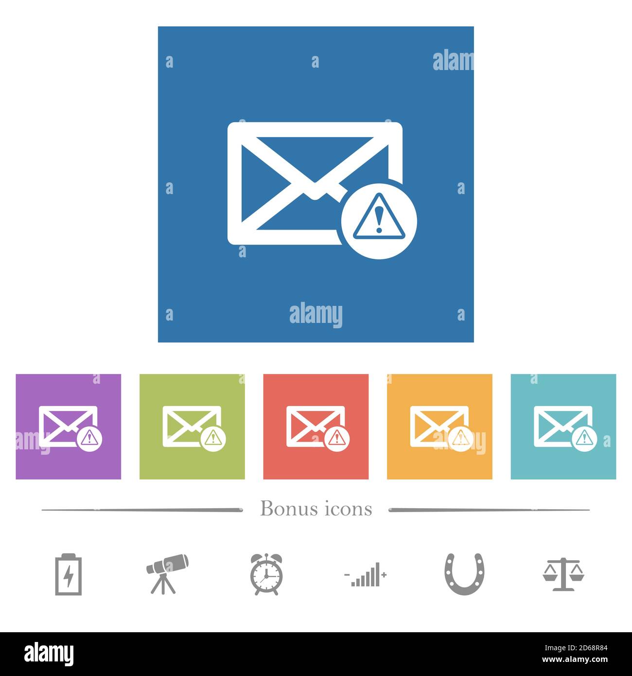 Mail warning flat white icons in square backgrounds. 6 bonus icons ...