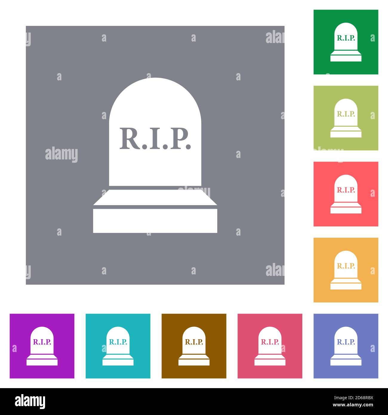 Tombstone with RIP flat icons on simple color square backgrounds Stock ...