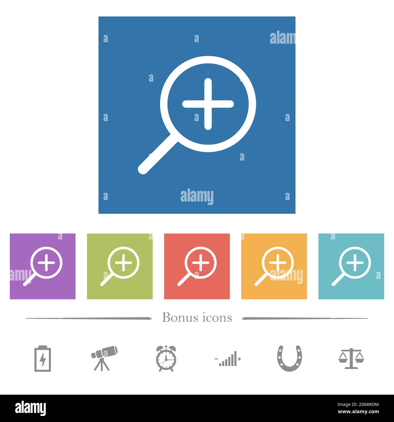 Zoom in flat white icons in square backgrounds. 6 bonus icons included ...