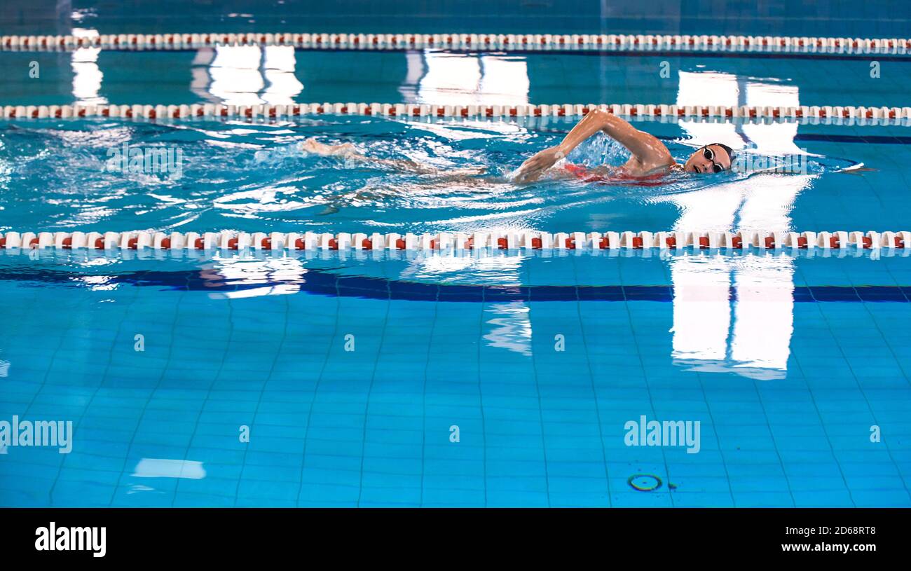 Young woman swimmer is swimming in the pool. Freestyle stroke, front ...