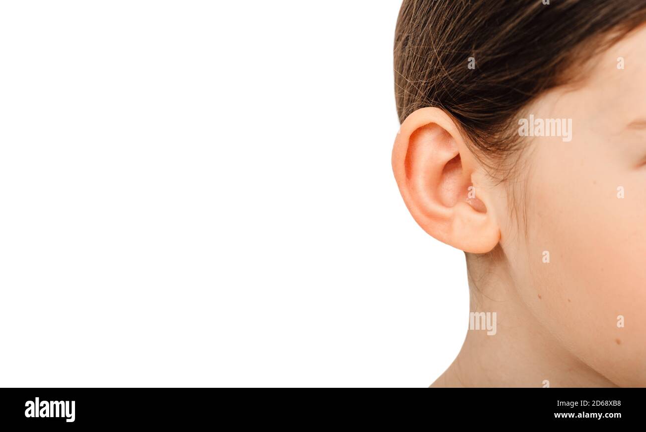 Child ear close-up isolated on a white background. Treatment and ...