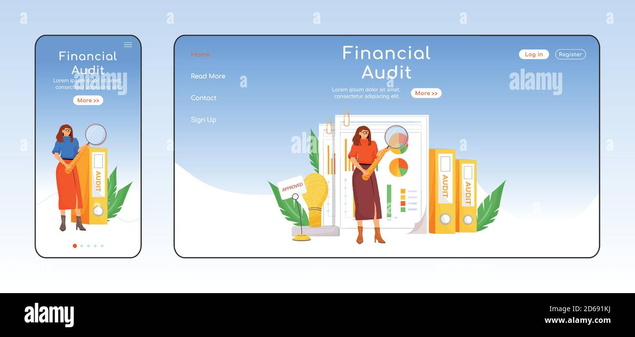 Financial audit adaptive landing page flat color vector template Stock ...