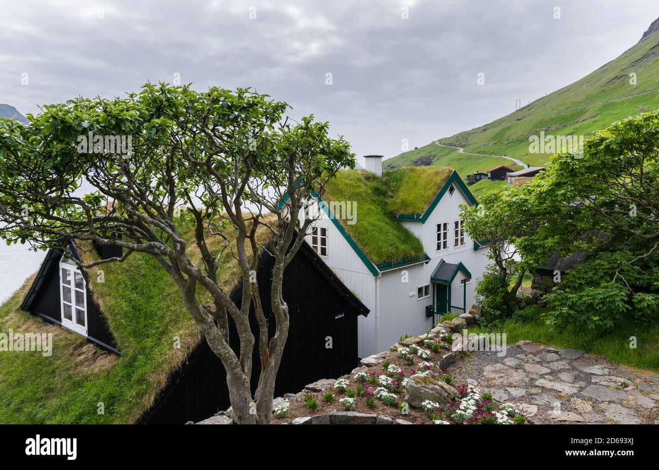 Bour (Boeur), a traditional village at Sorvagsfjordur. The island Vagar ...