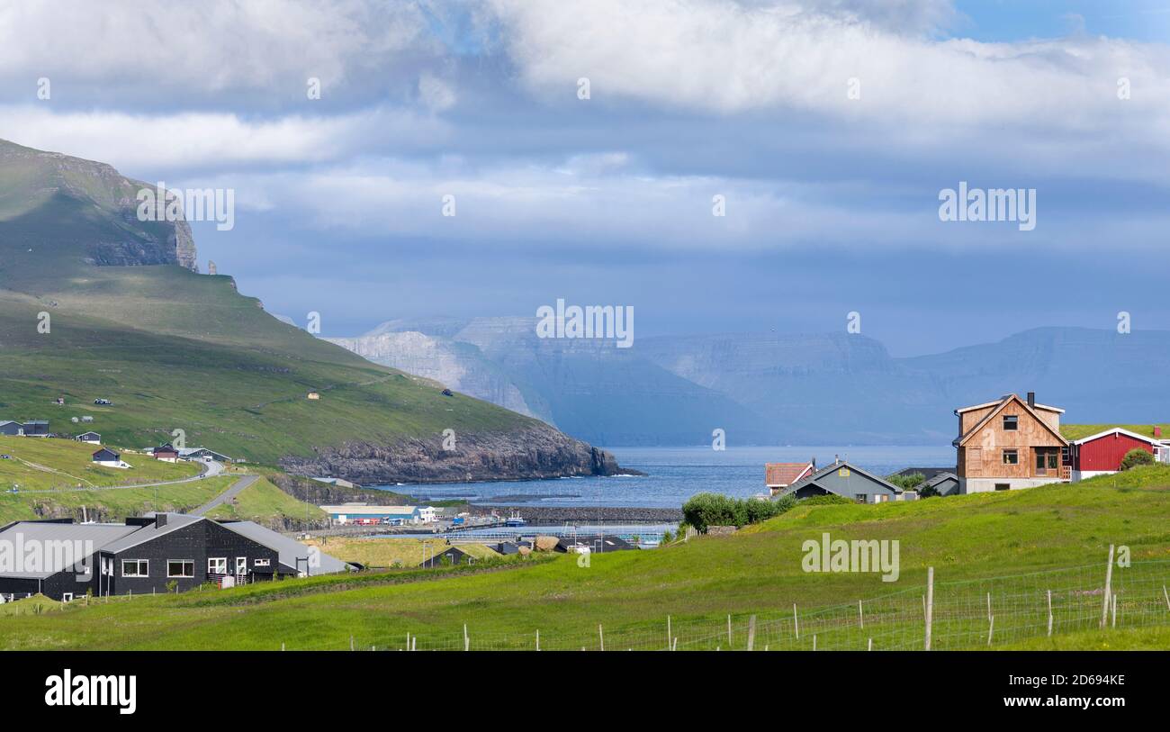 Small town Midvagur on the island of Vagar, part of the Faroe Islands ...