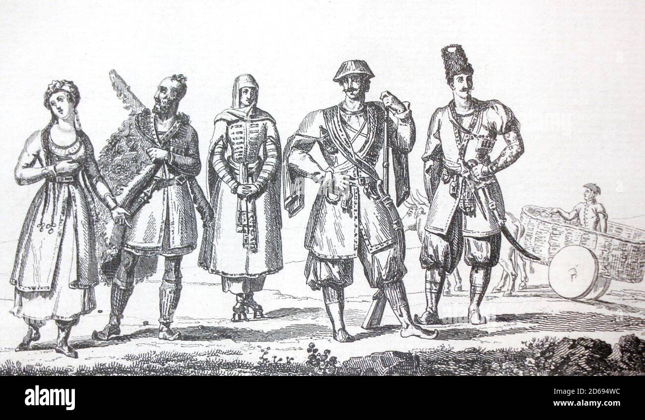 Costumes of the inhabitants of the Caucasus. 19th century engraving ...