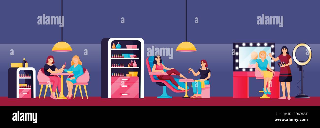 Young beautiful girls do manicure, pedicure and makeup in beauty salon ...
