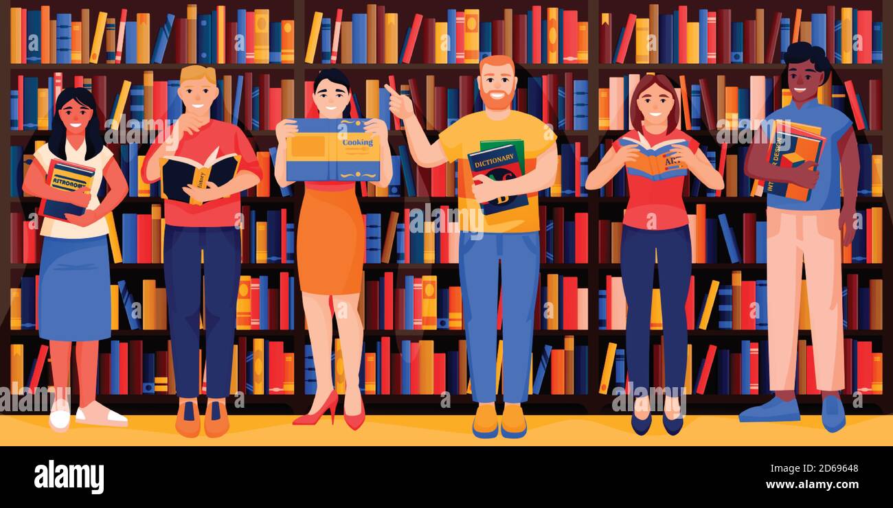 Young smiling people with books in bookstore. Students in university ...