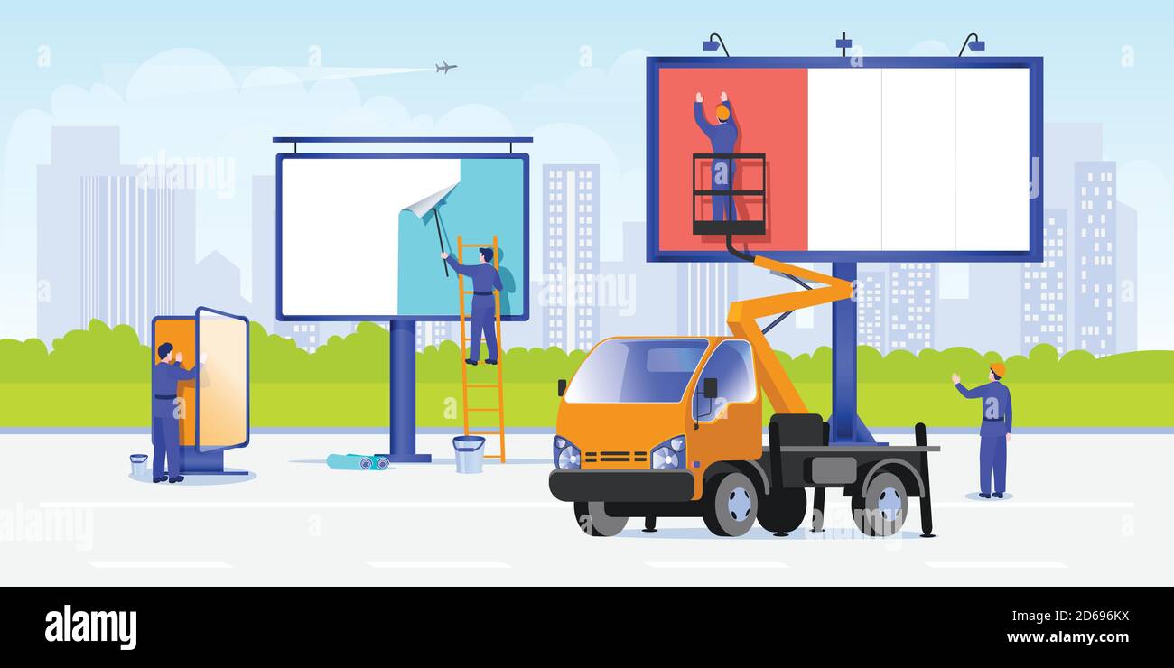 Workers mount posters using stairs and aerial work platforms. Street ...