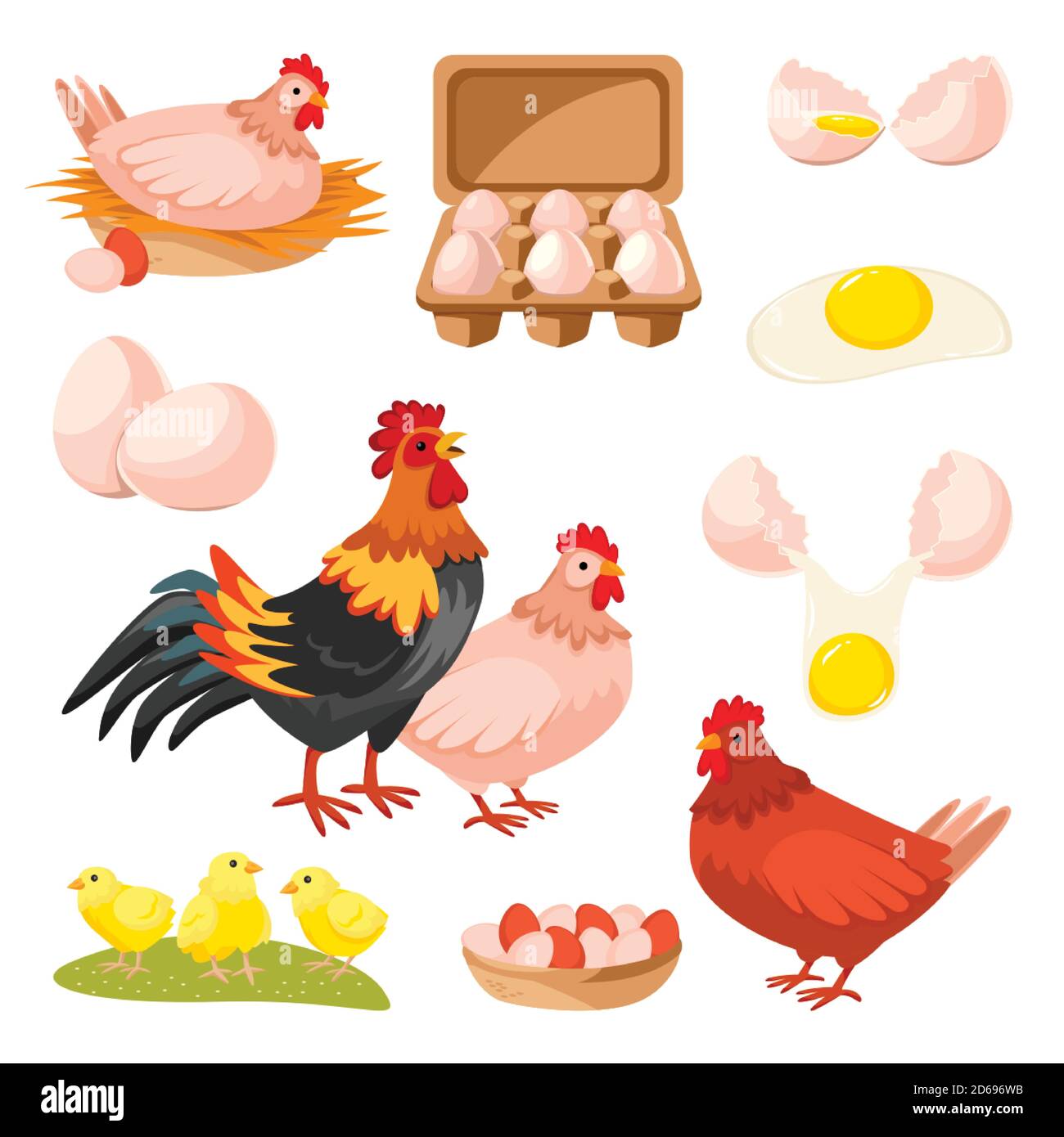 Poultry farm and fresh eggs icons. Hen, rooster and little chicken ...