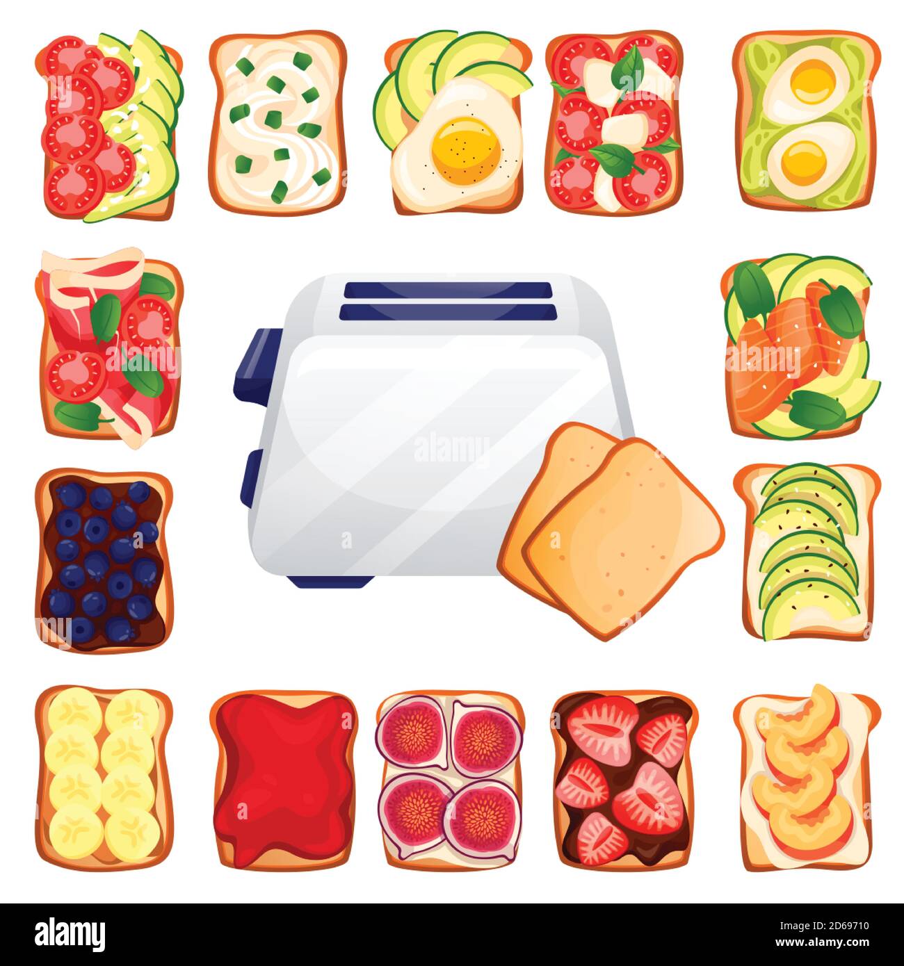 Toasted bread with various delicious toppers and toaster. Breakfast ...