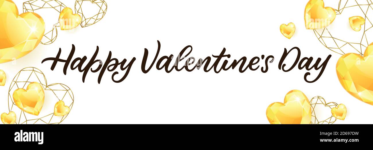 Happy Valentines Day calligraphy lettering and golden diamond gems ...