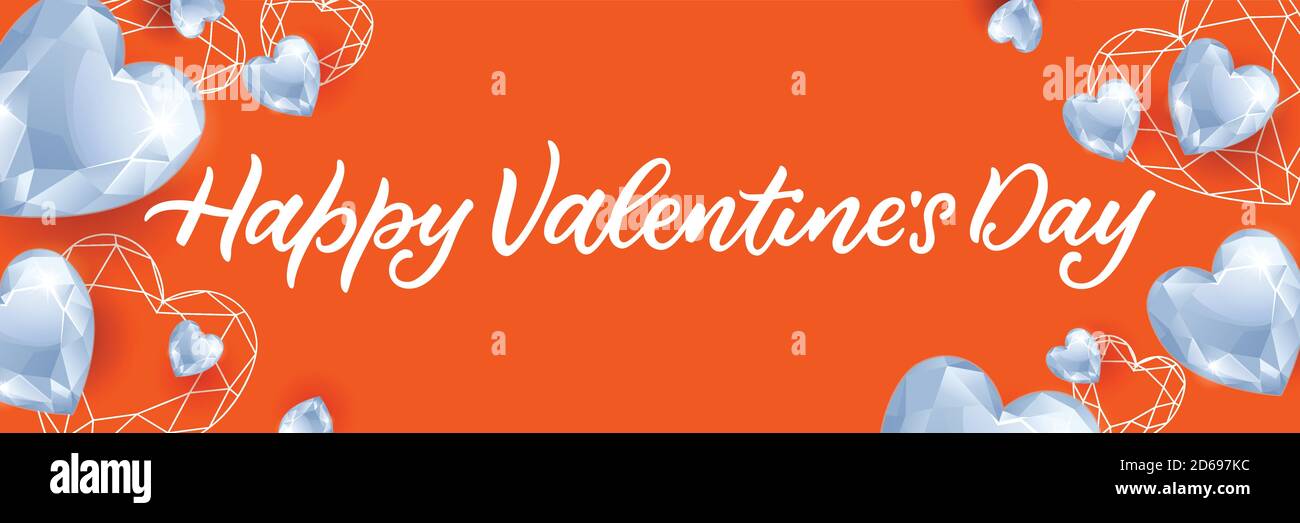 Happy Valentines Day calligraphy lettering and white diamond gems heart ...