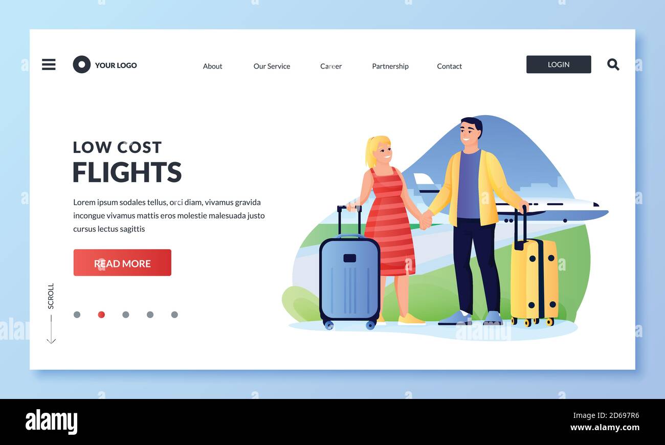 Couple travels by airplane. Man and woman with luggage in airport ...