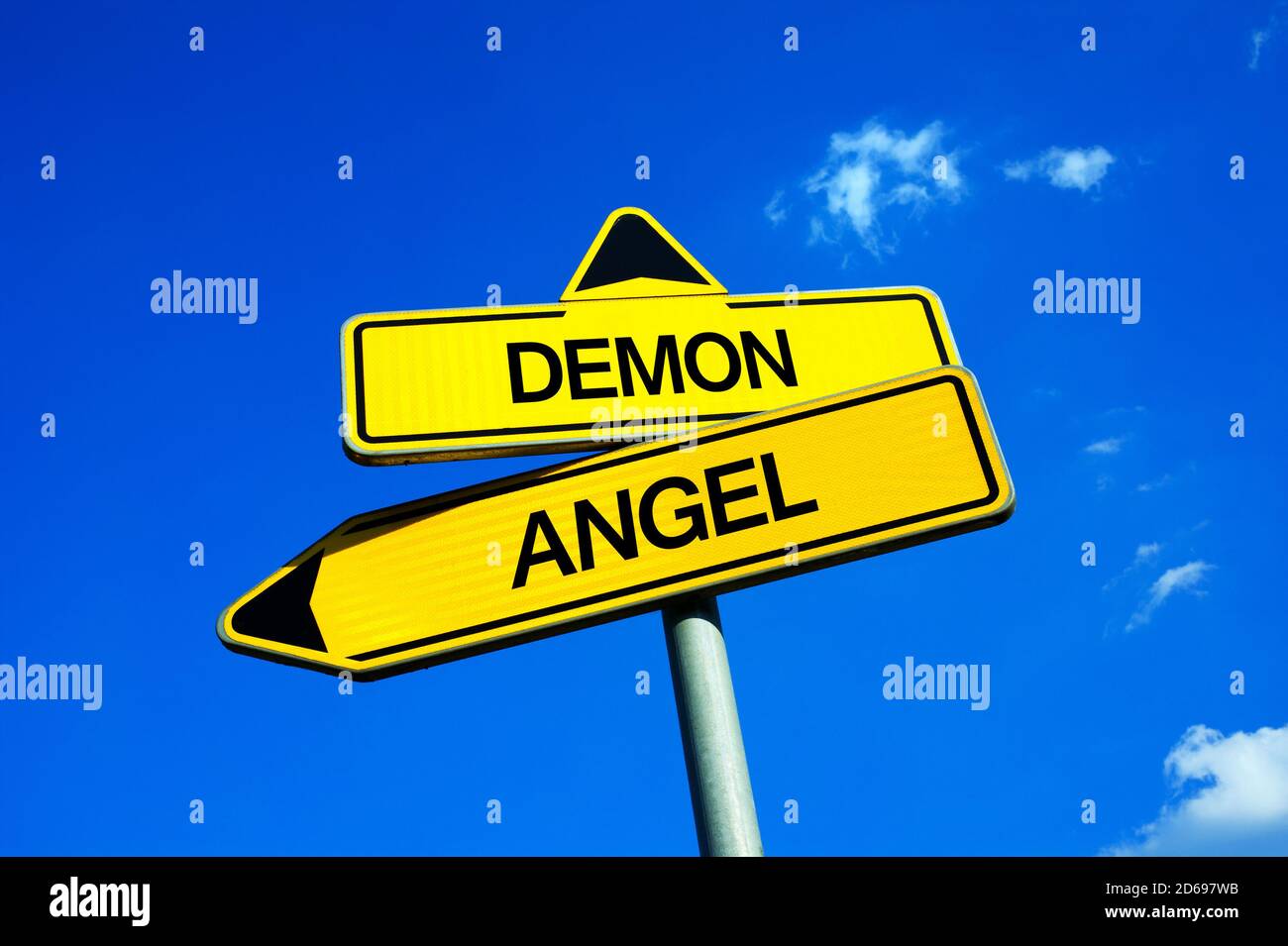 Demon vs Angel - Traffic sign with two options - good, holy, innocent ...