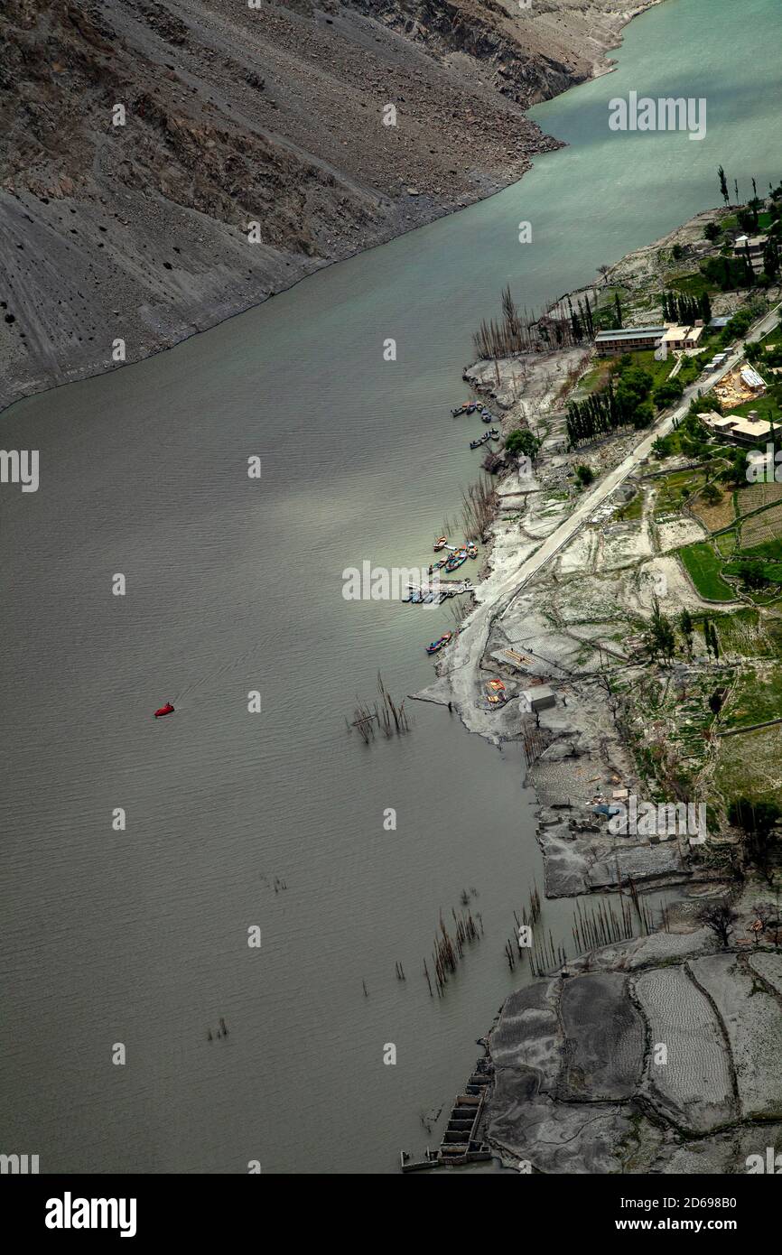 aerial view of atabad lake , hunza , gilgit Baltistan , northern areas ...