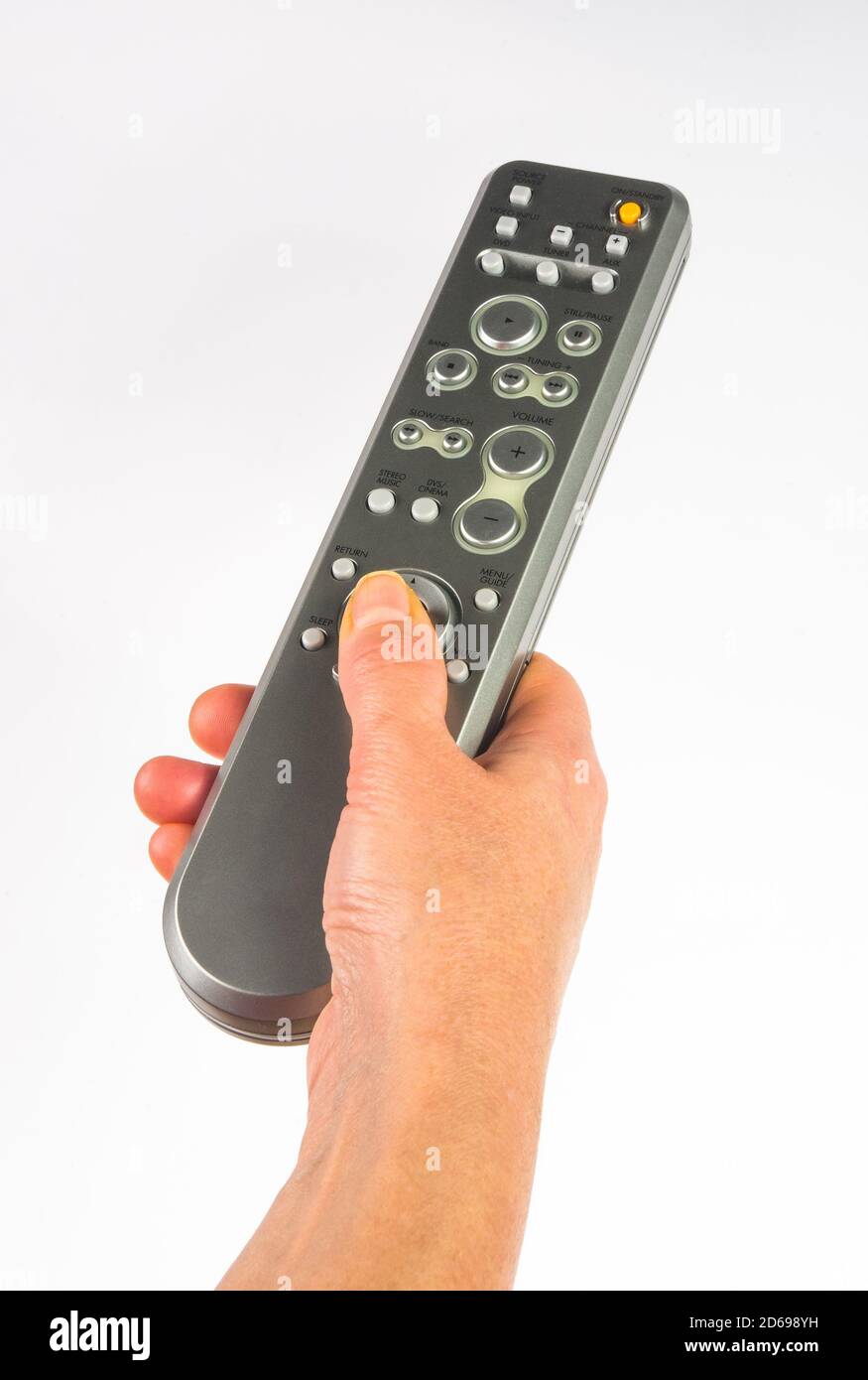 hand holding a remote control on white background, close-up Stock Photo ...
