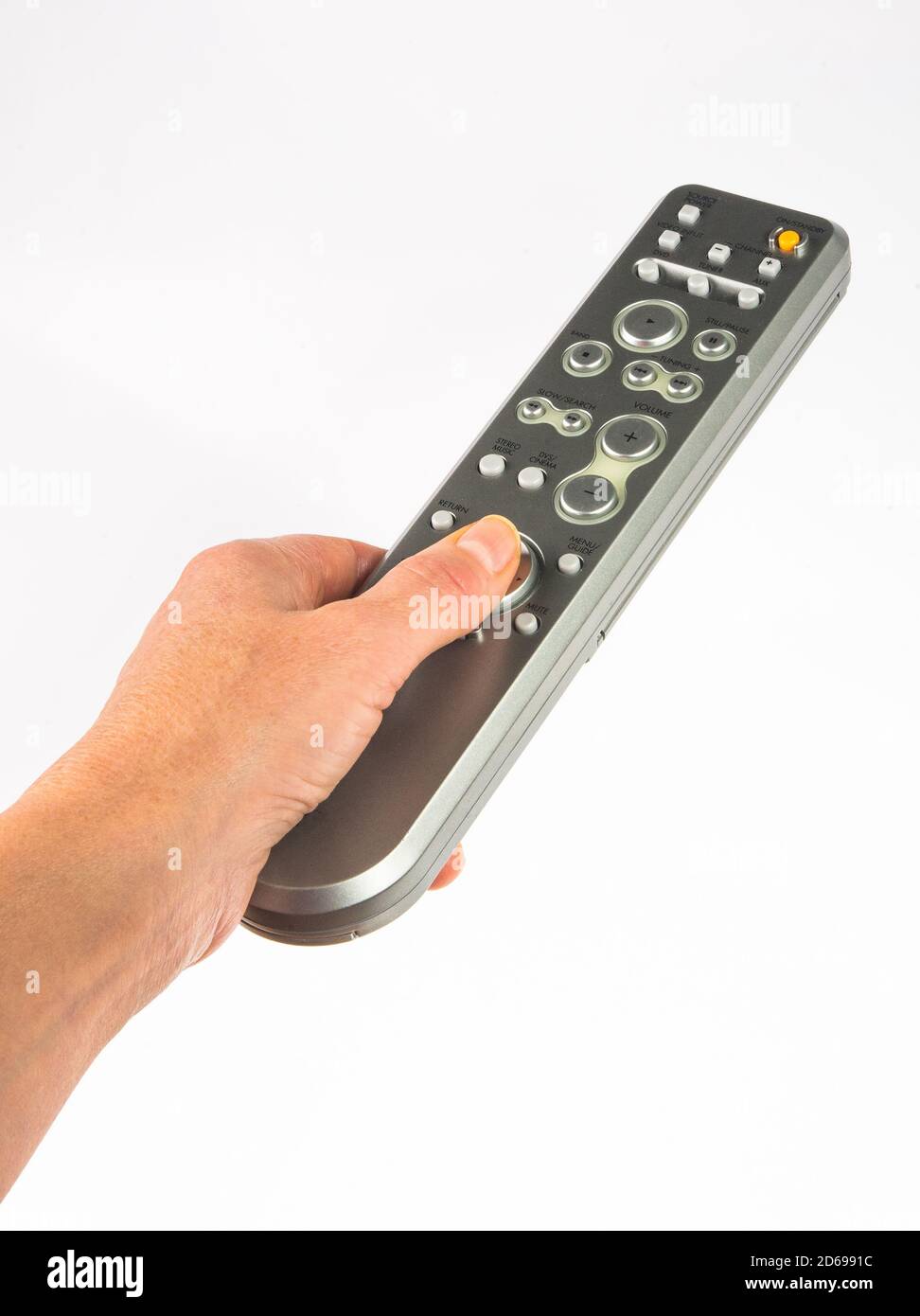 hand holding a remote control on white background, close-up Stock Photo ...