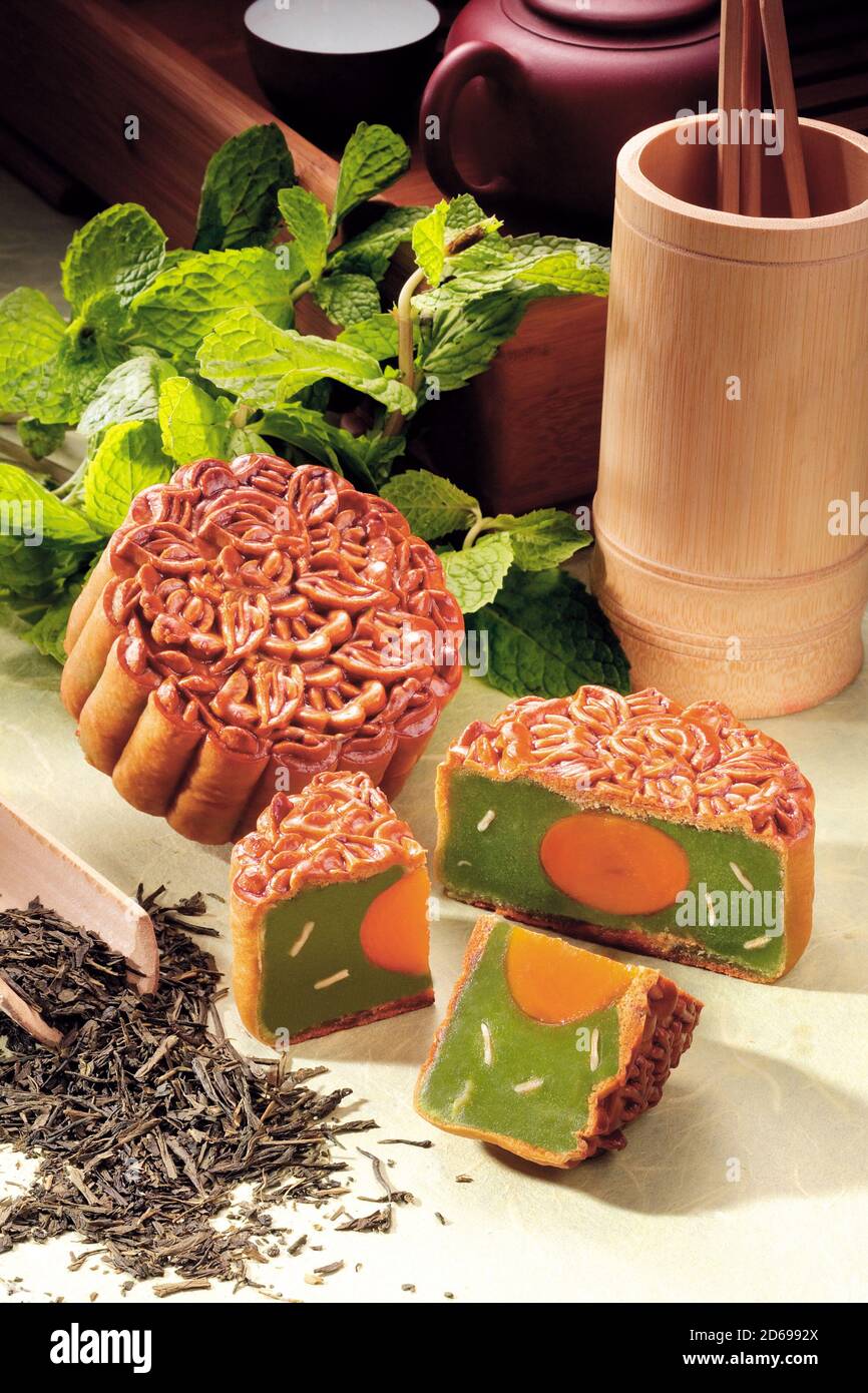 Green tea paste with single yolk mooncake for Chinese Mid Autumn ...