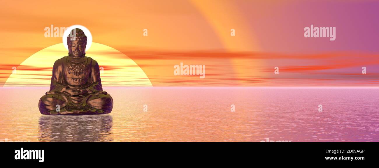 Peaceful buddha meditating alone by sunset - 3D render Stock Photo - Alamy