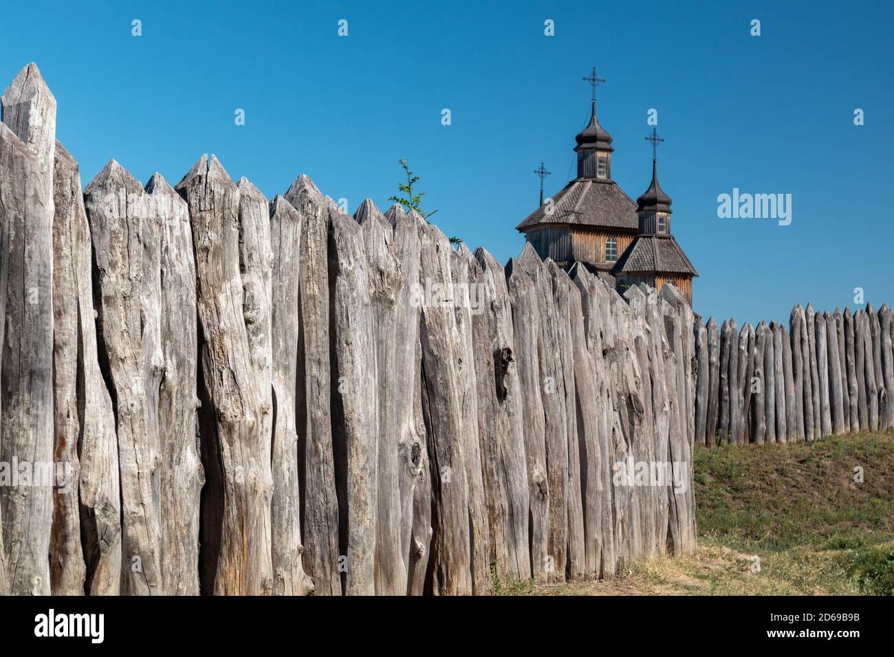 Wooden medieval fence around the Zaporozhian Sich, fort facade with ...