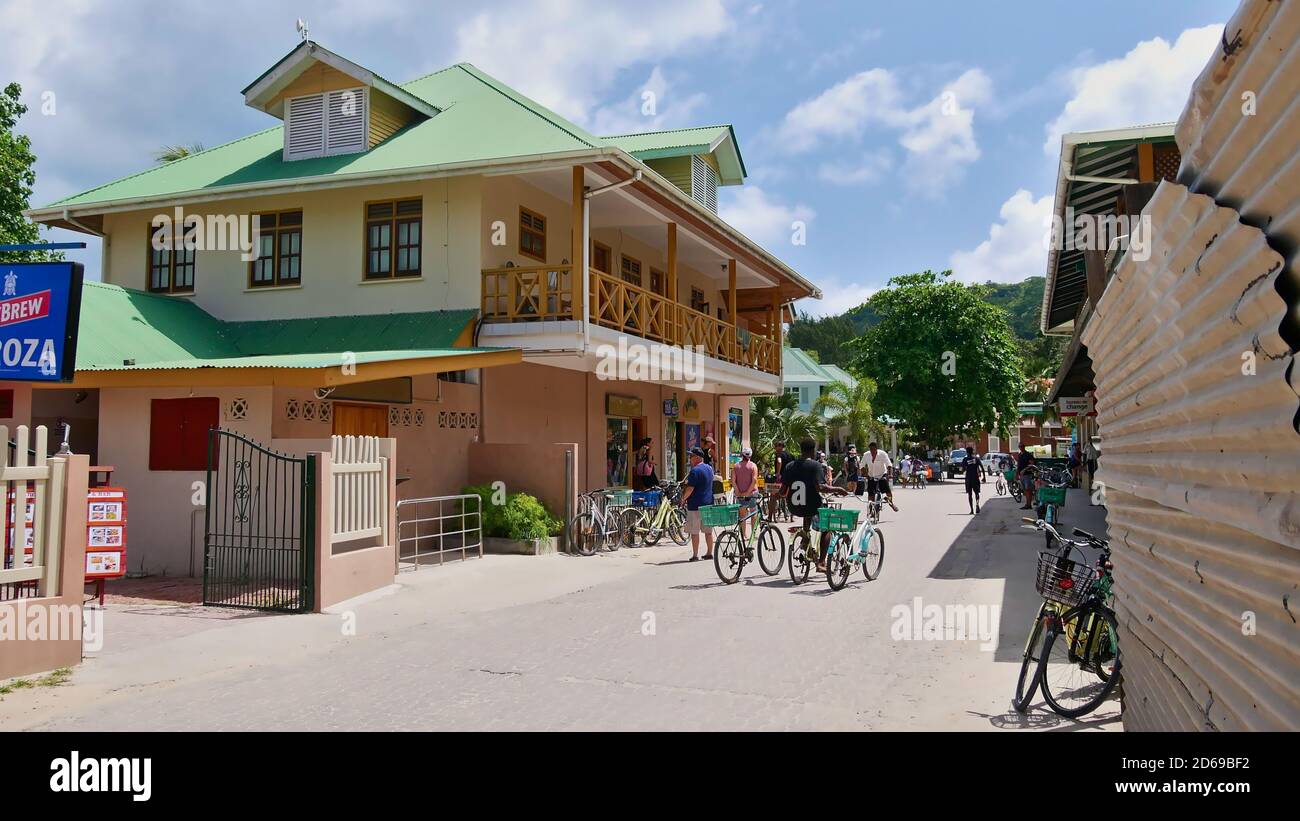 La Digue, Seychelles - 10/01/2018: Busy scene on the street in the ...